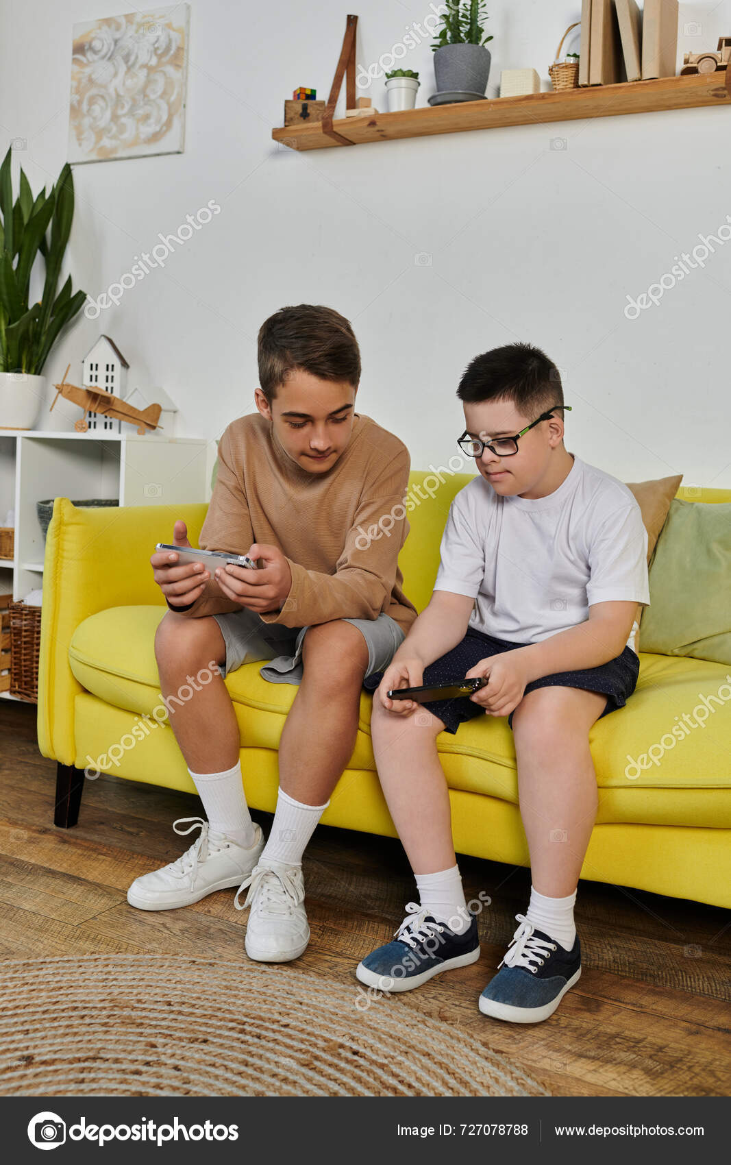 Two Boys One Syndrome Playing Video Games Yellow Couch Home — Stock ...