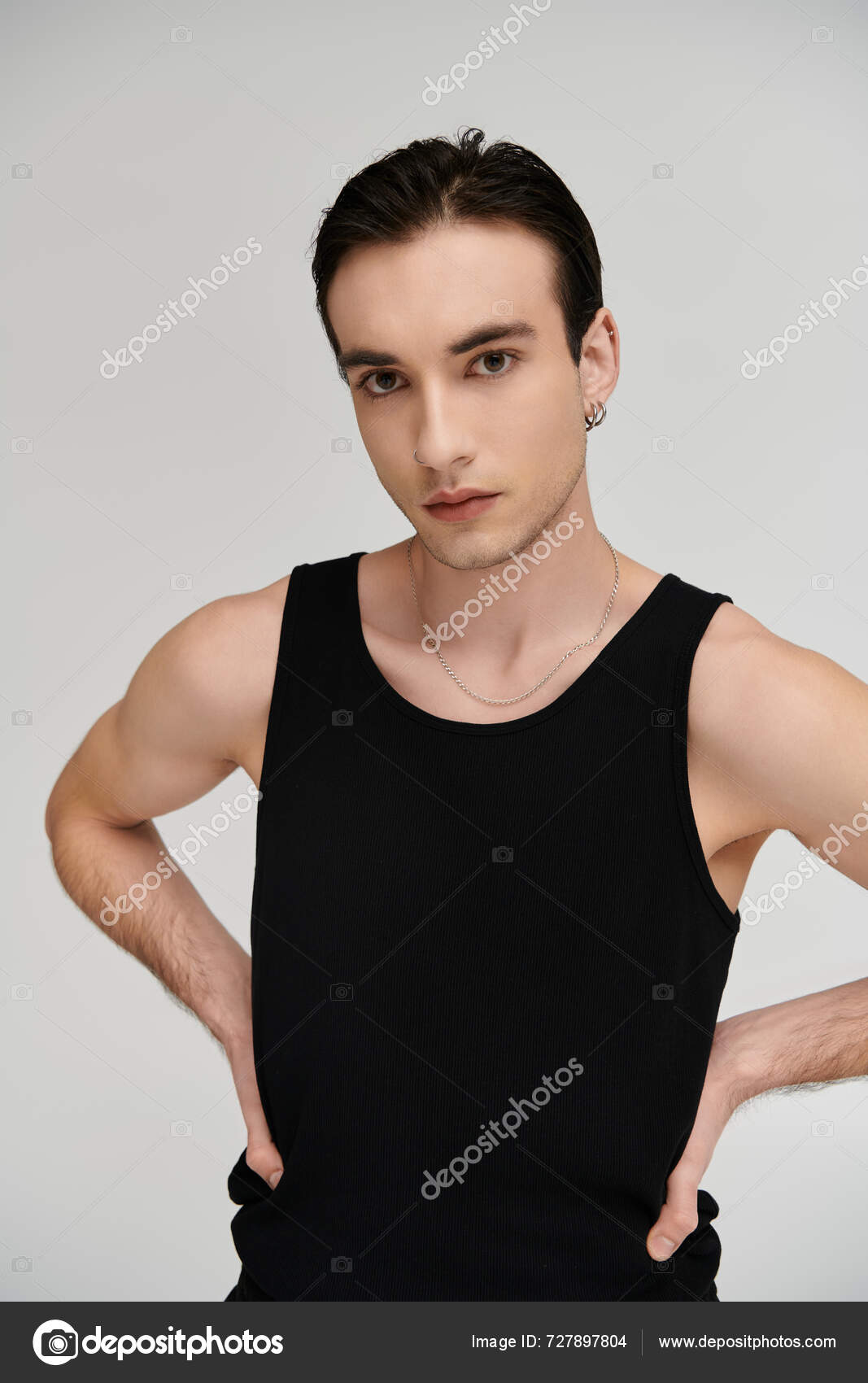 Man Poses Confidently Black Tank Top White Background — Stock Photo ...