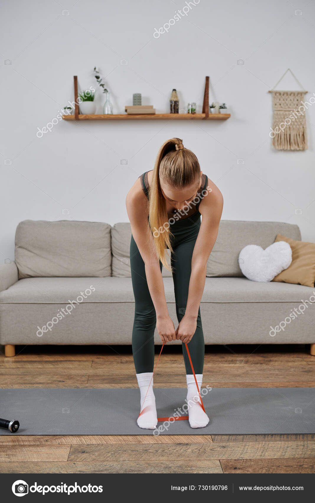 Woman Workout Clothes Stretches Red Resistance Band Yoga Mat Living ...