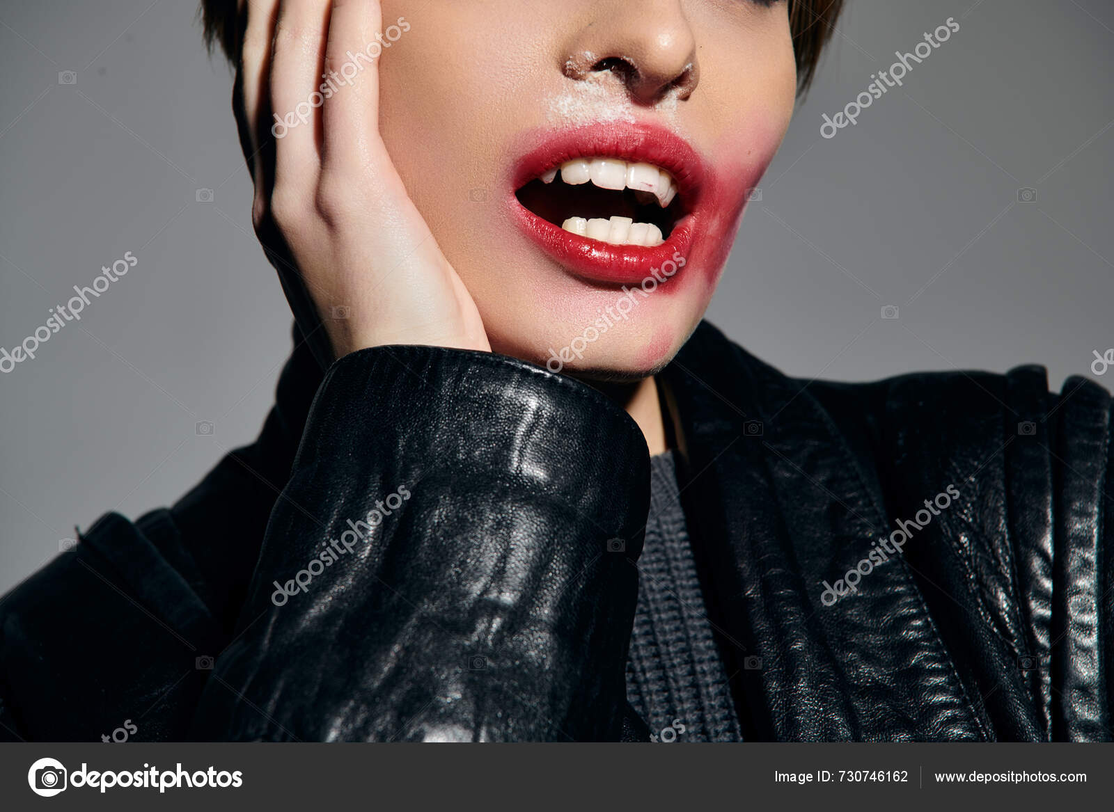 Woman Leather Jacket Smudged Red Lipstick Looking Camera Defiant ...