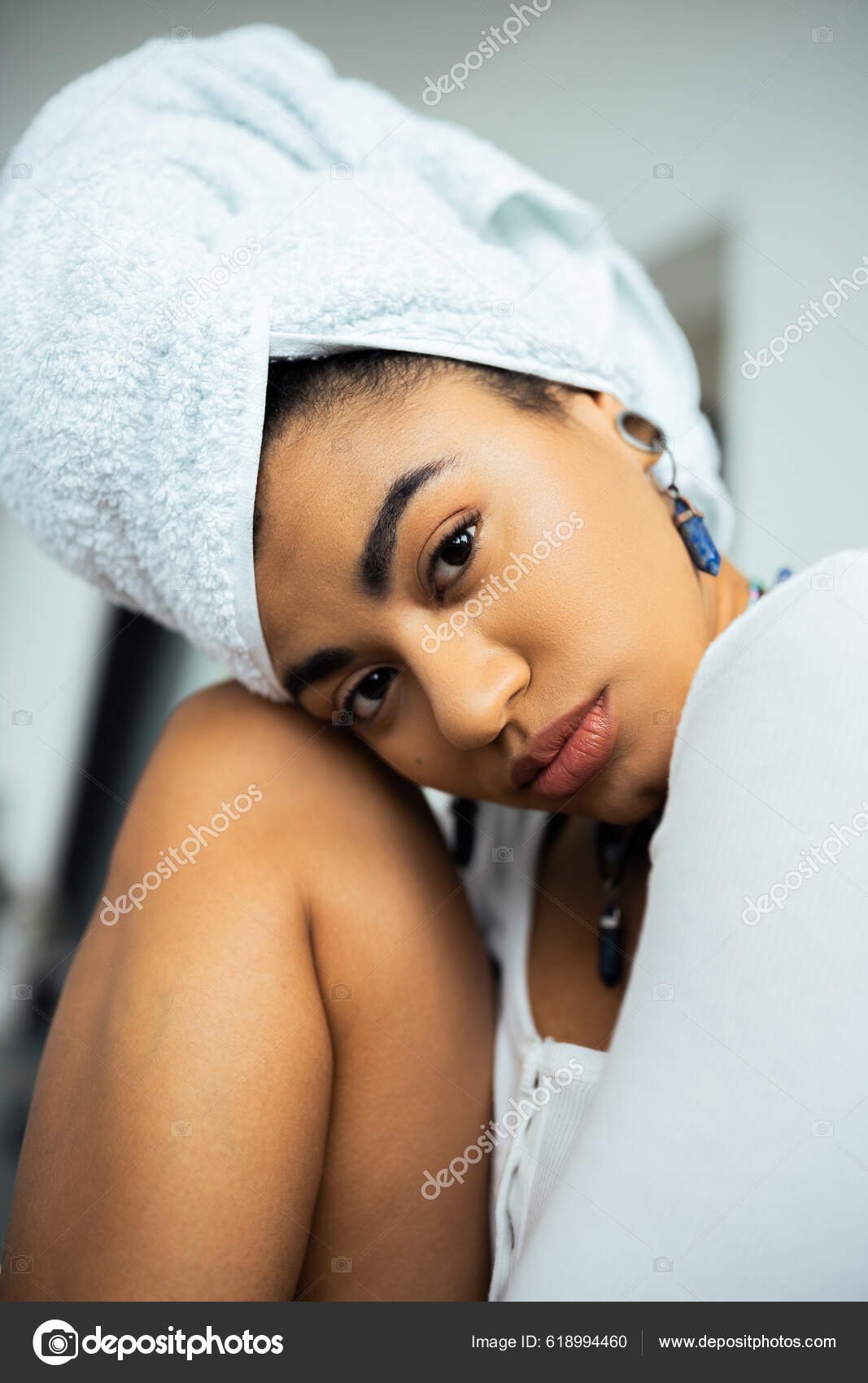 Portrait Pretty African American Woman Towel Head Looking Camera Stock
