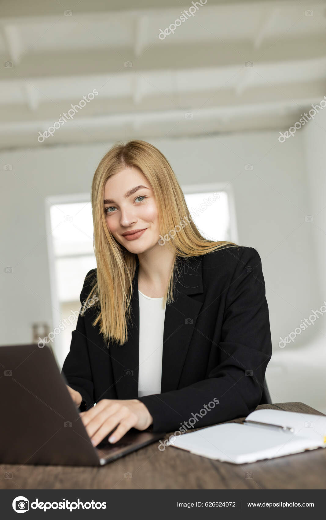 Positive Coach Smiling Camera While Typing Laptop Notebook — Stock ...