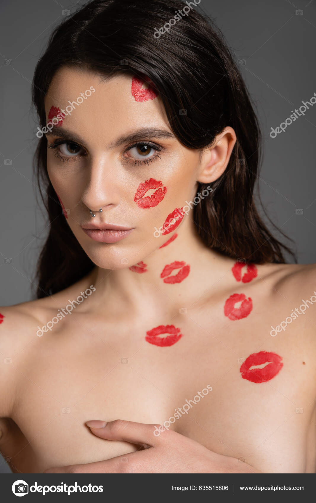 Sexy Shirtless Woman Red Lip Prints Covering Breast Hand While — Stock Photo © AllaSerebrina ...