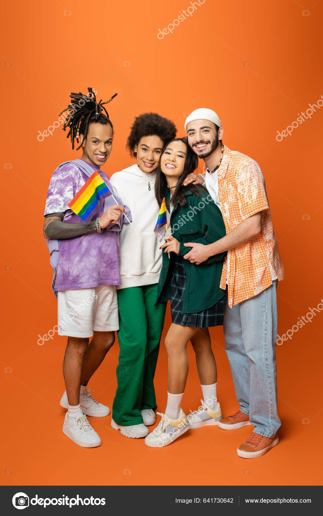 Full Length Multiracial Friends Stylish Outfit Holding Lgbt Flags ...