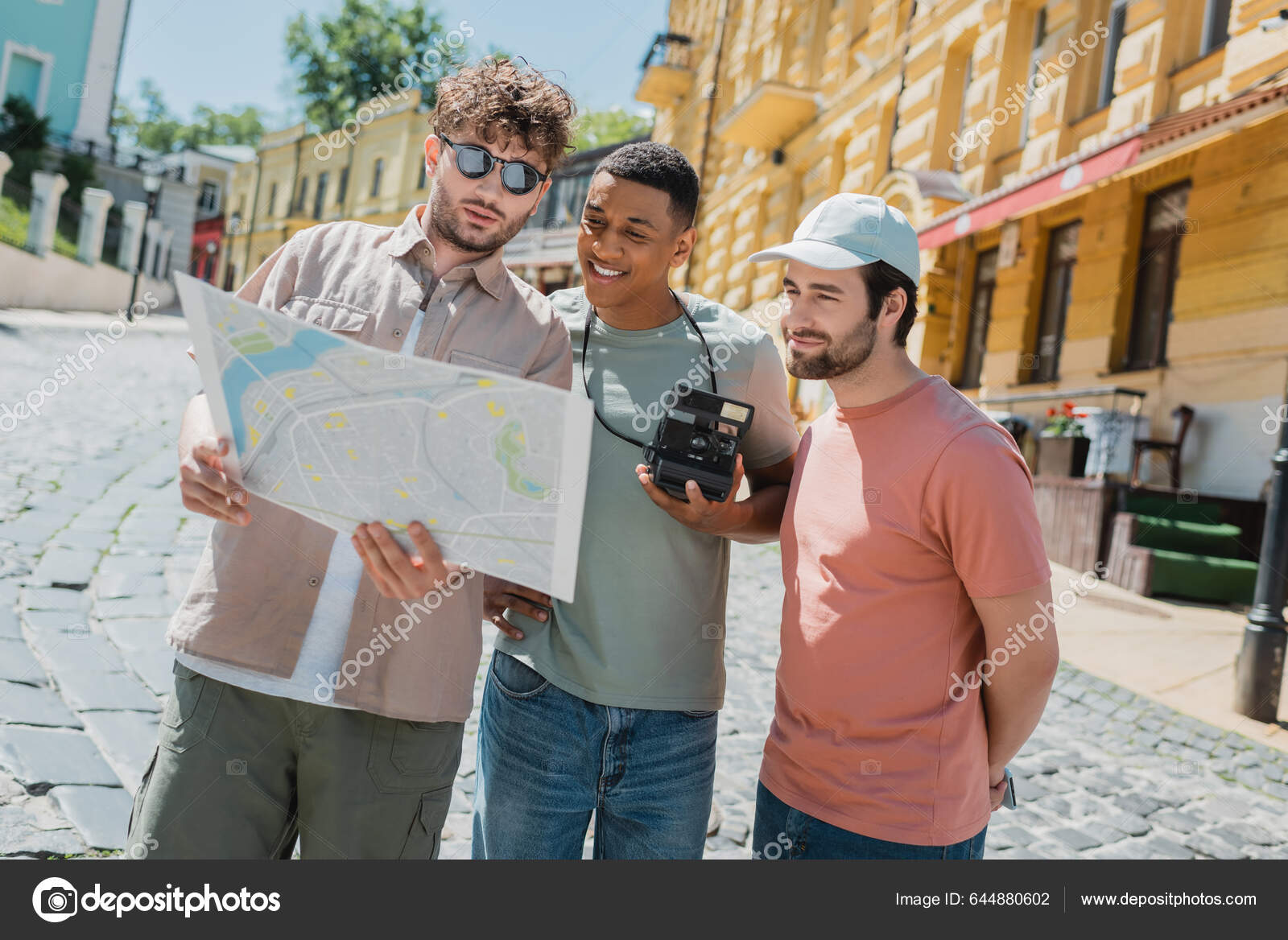Young Tour Guide Sunglasses Showing City Map Smiling Multicultural ...