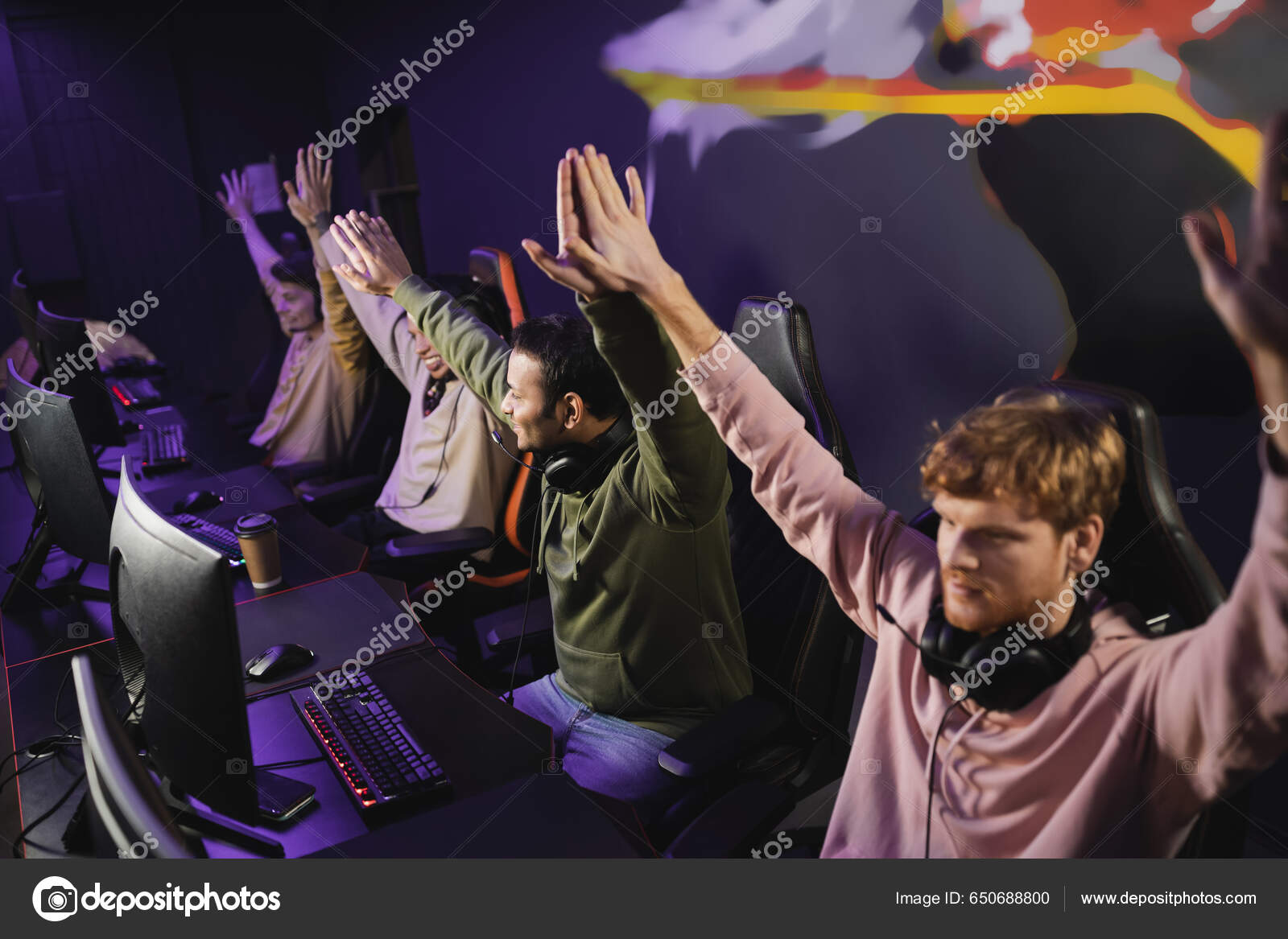 Smiling Indian Man Giving High Five Friends Computers Gaming Club ...