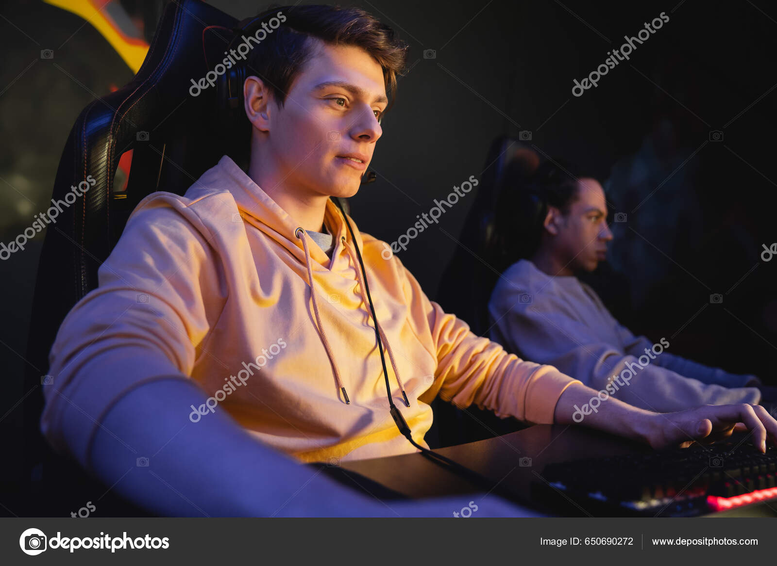 Young Man Using Keyboard Blurred Multiracial Friend Gaming Club — Stock ...