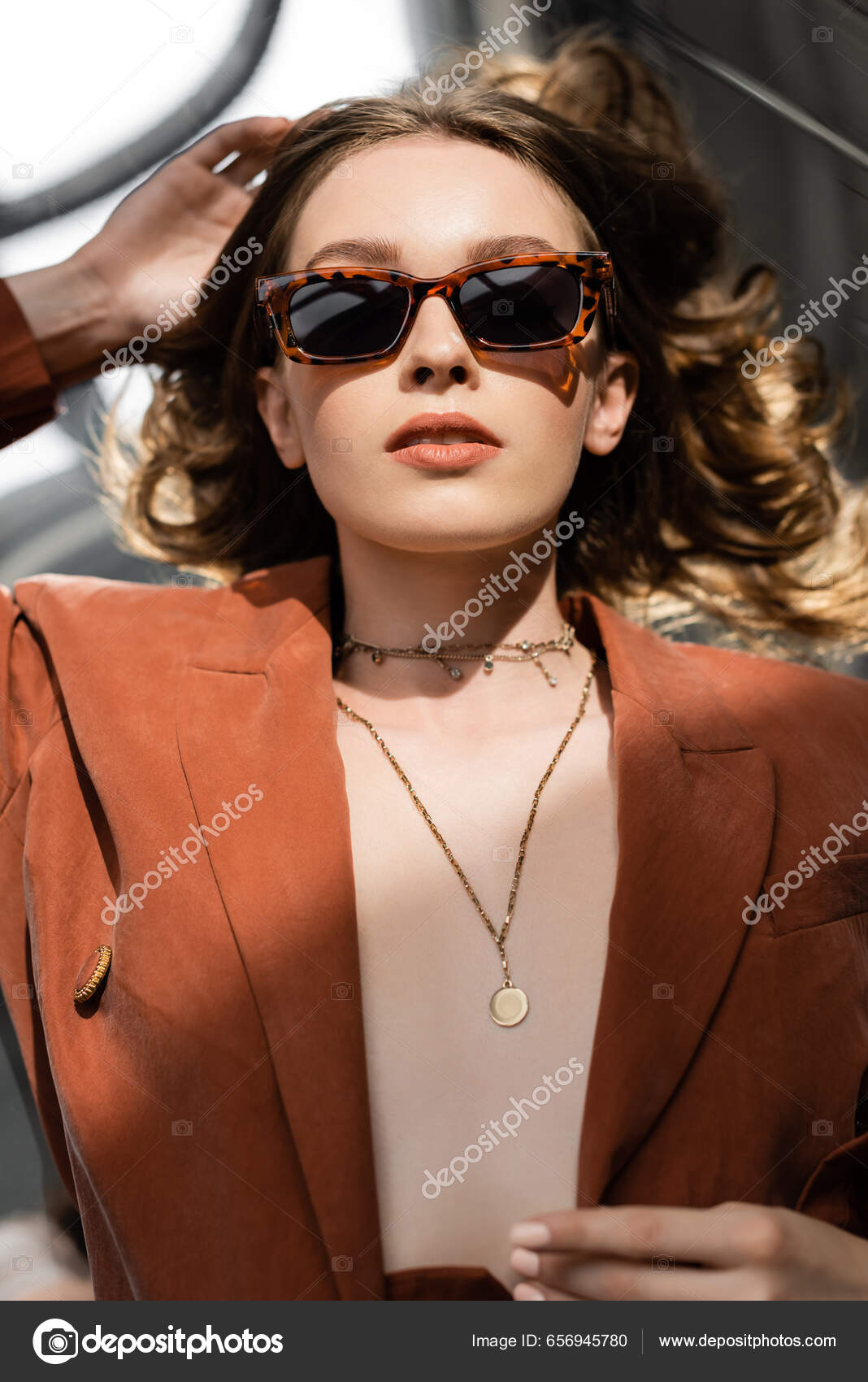 Top View Young Woman Long Hair Wearing Terracotta Trendy Suit — Stock ...