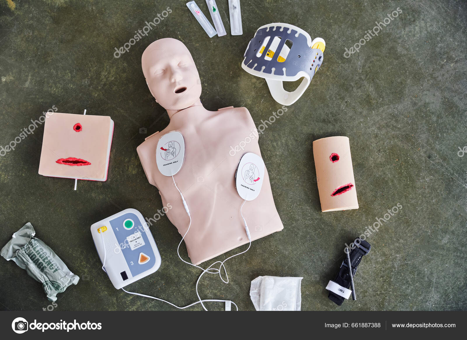 Top View Cpr Manikin Automated External Defibrillator Wound Care Simulators Stock Photo by ...