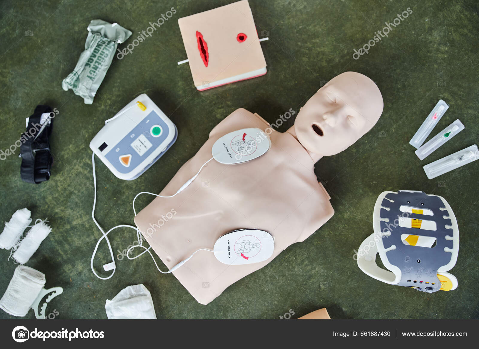 Top View Cpr Manikin Automated External Defibrillator Wound Care Simulator — Stock Photo ...