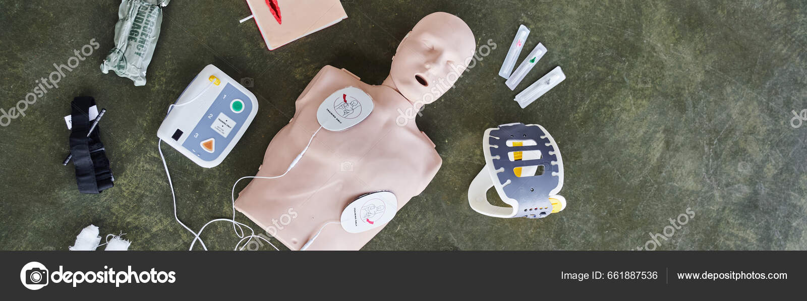 Top View Automated External Defibrillator Neck Brace Syringes ...