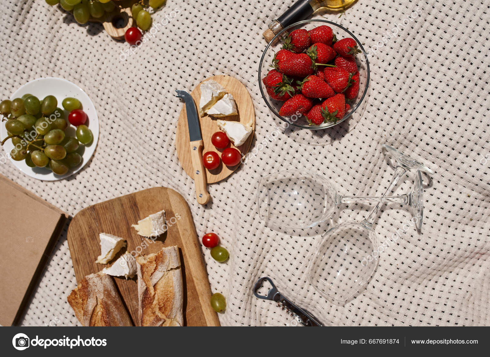 Summer Picnic Concept Strawberries Grapes Cherry Tomatoes Bread Cheese ...