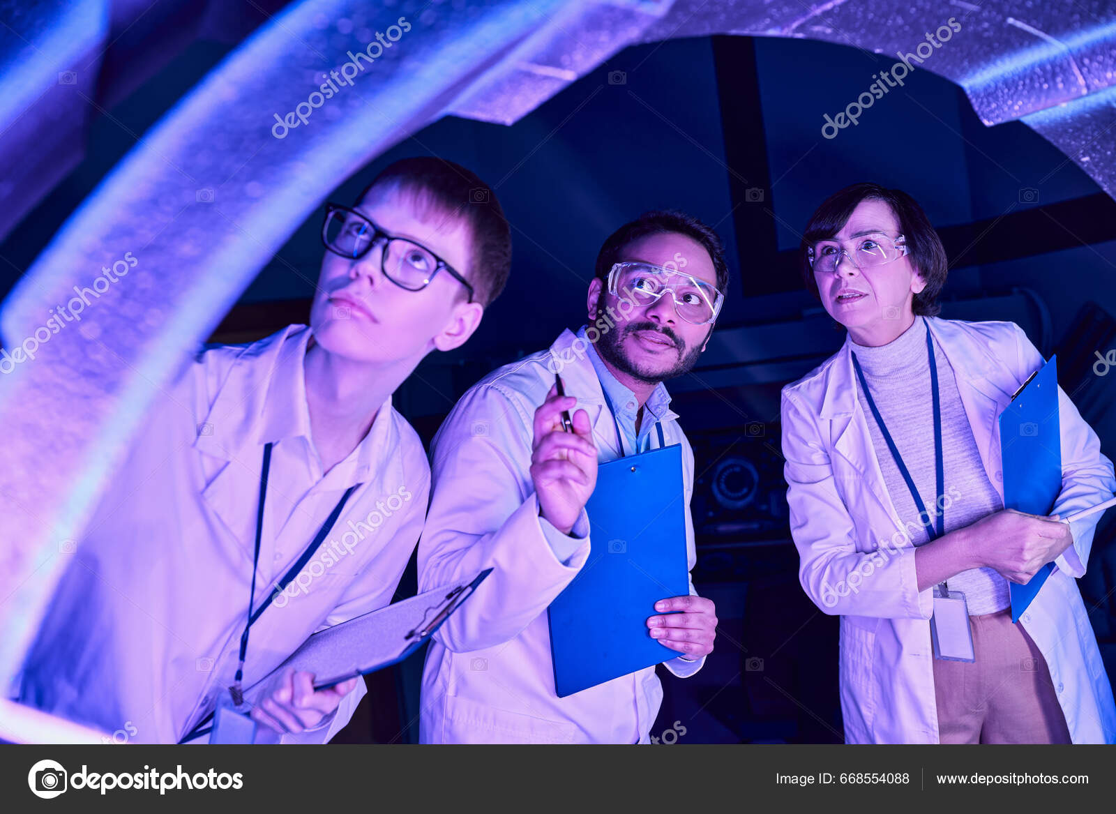 Futuristic Exploration Diverse Age Scientists Investigate Device Neon ...