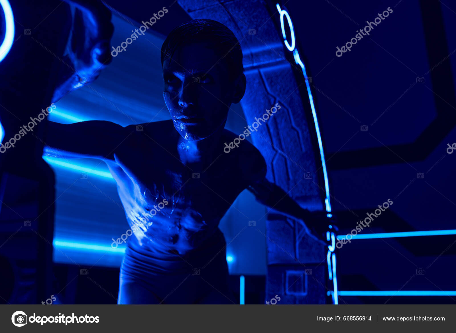 Scientific Breakthrough Humanoid Alien Looking Out High Tech Device ...