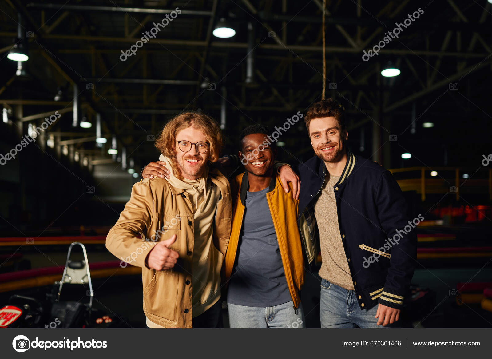 Multicultural Friends Smiling Hugging Racing Cars Karting Track Thumb ...