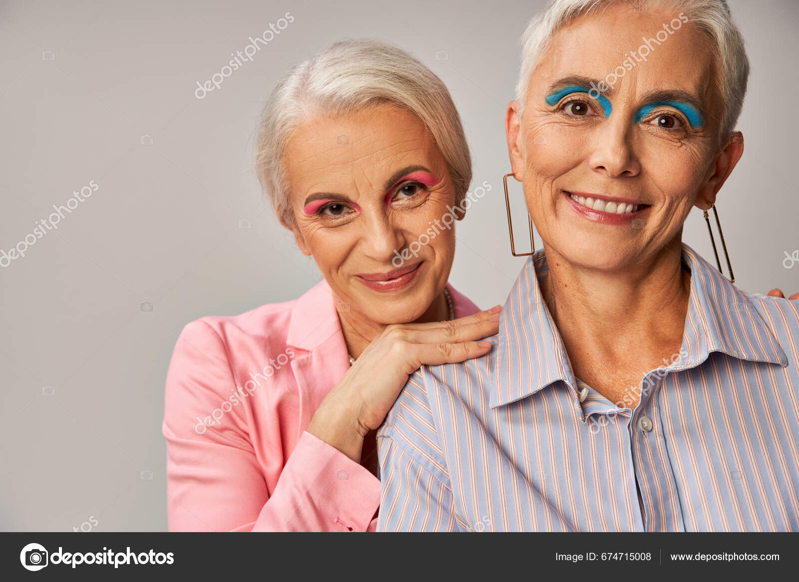 Portrait Fashionable Senior Models Silver Hair Makeup Smiling Camera ...