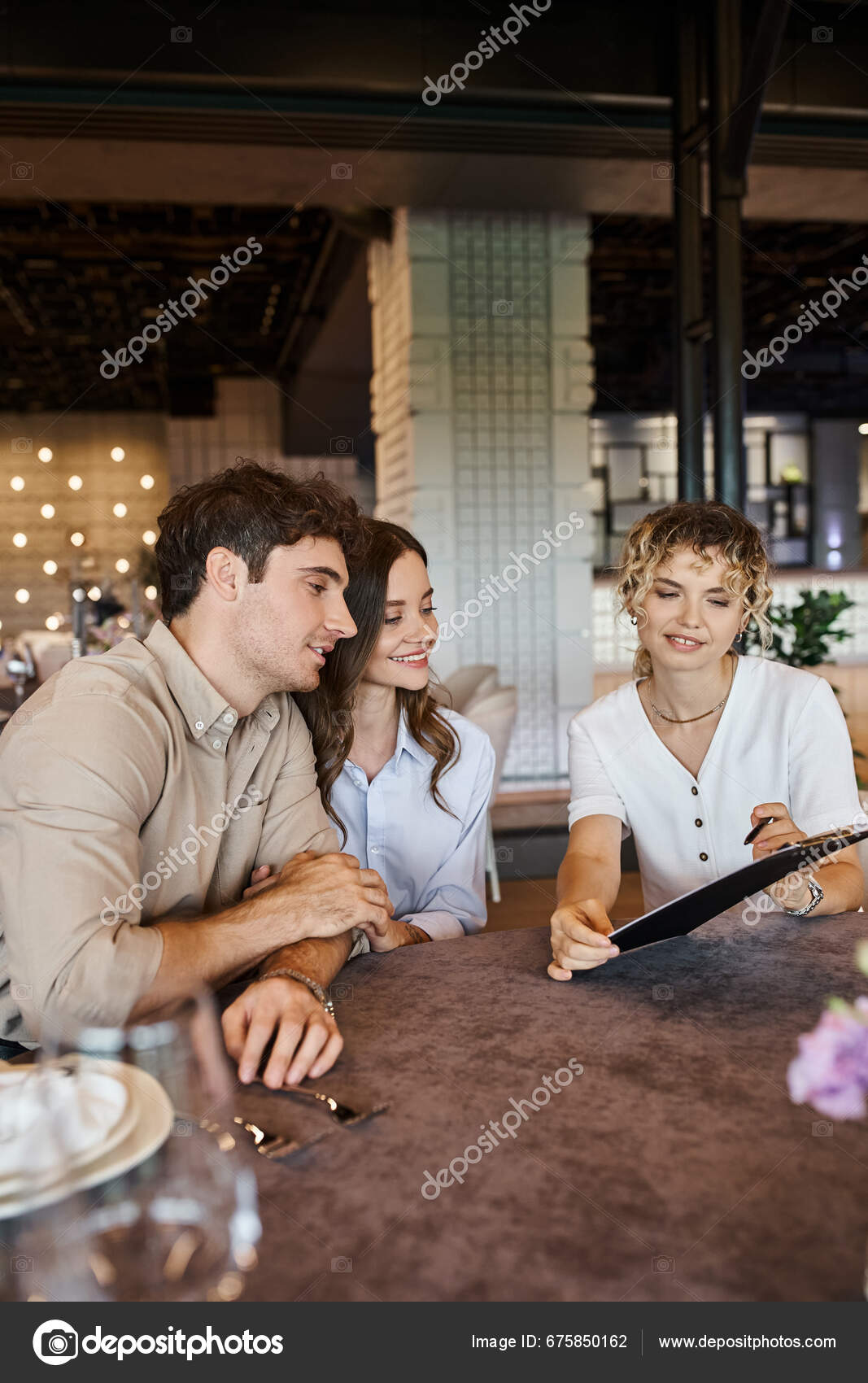 Banquet Coordinator Showing Contract Happy Couple While Sitting Festive ...