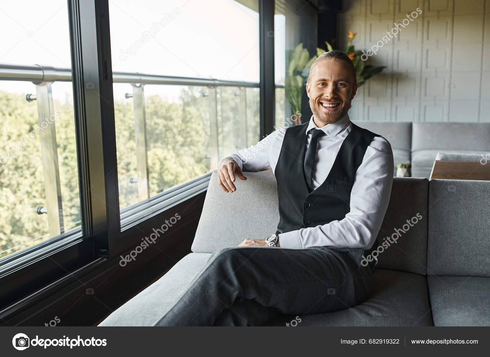 Cheerful Handsome Professional Business Smart Attire Sitting Sofa ...
