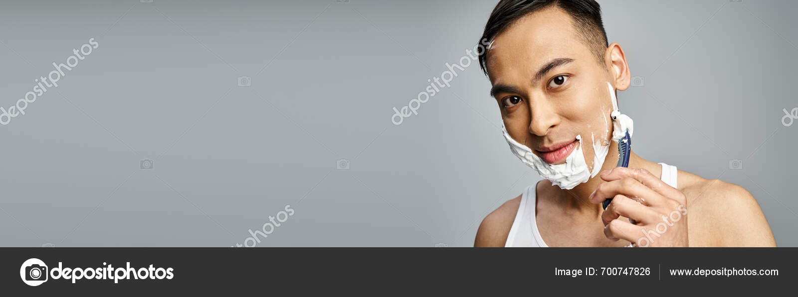 Asian Man Shaving Foam His Face Carefully Shaving His Facial — Stock Photo © AllaSerebrina ...