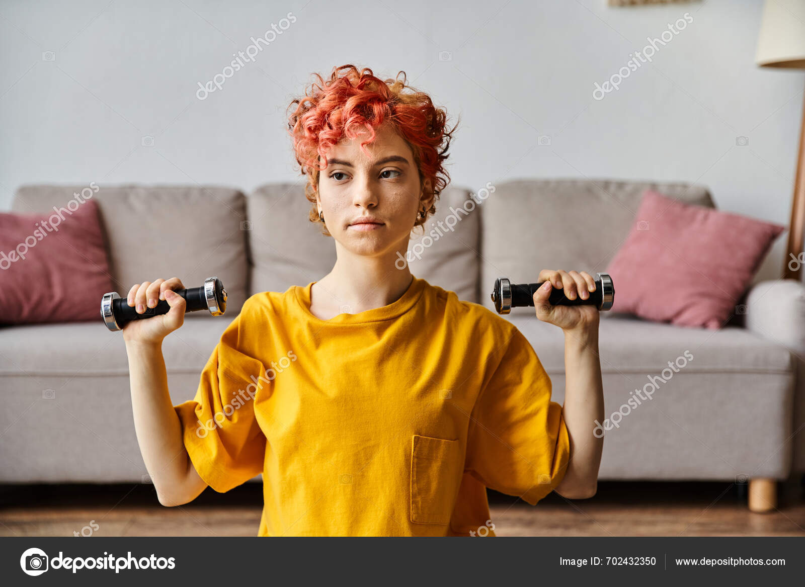 Appealing Young Queer Person Vibrant Sport Attire Exercising Dumbbells ...