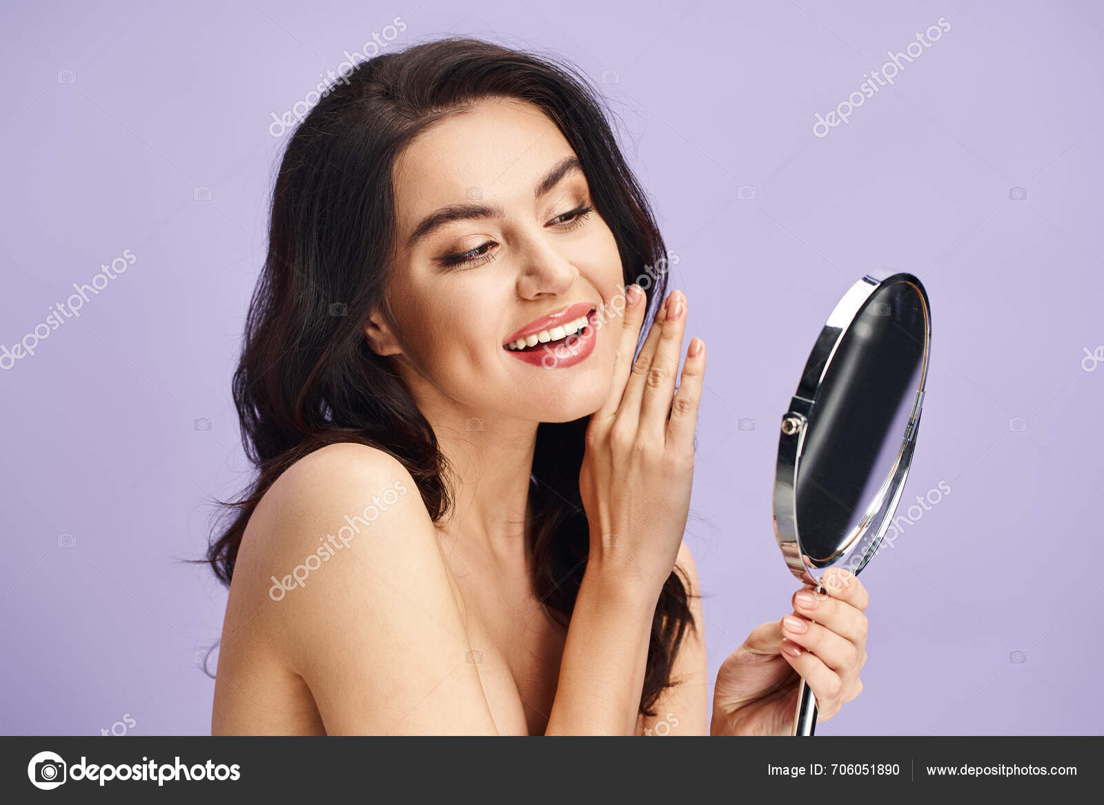 Woman Holding Mirror Smiling While Applying Makeup — Stock Photo ...