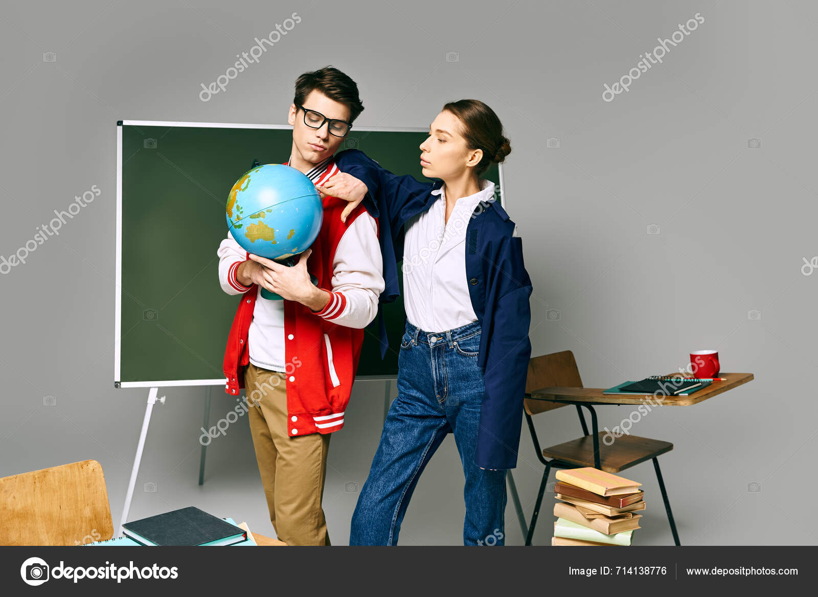 Male Female Students Stand Front Classroom Studying Globe — Stock Photo ...