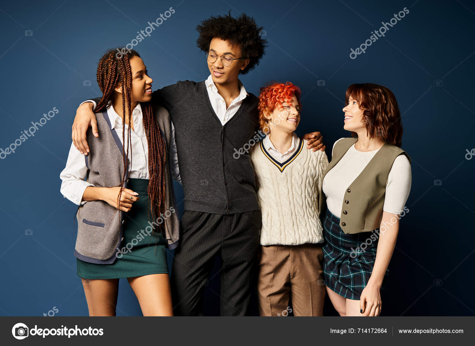 Multicultural Friends Stand Together Stylish Attire Dark Blue ...