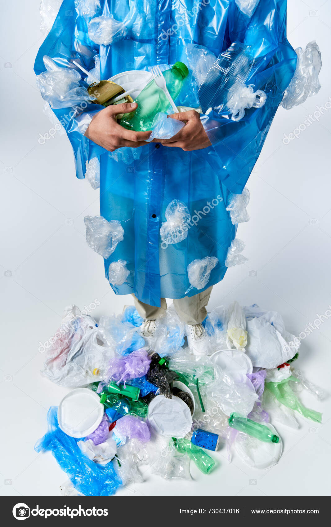 Man Stands Pile Plastic Wearing Plastic Coat Decorated Plastic — Stock ...
