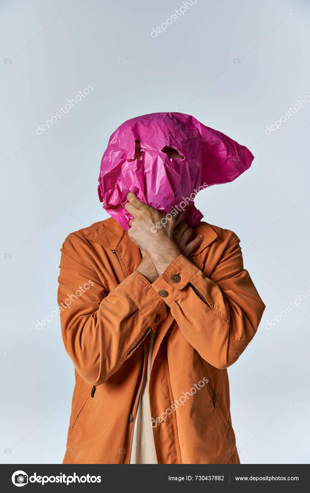 Man Wearing Plastic Mask His Hands Clasped Together — Stock Photo ...
