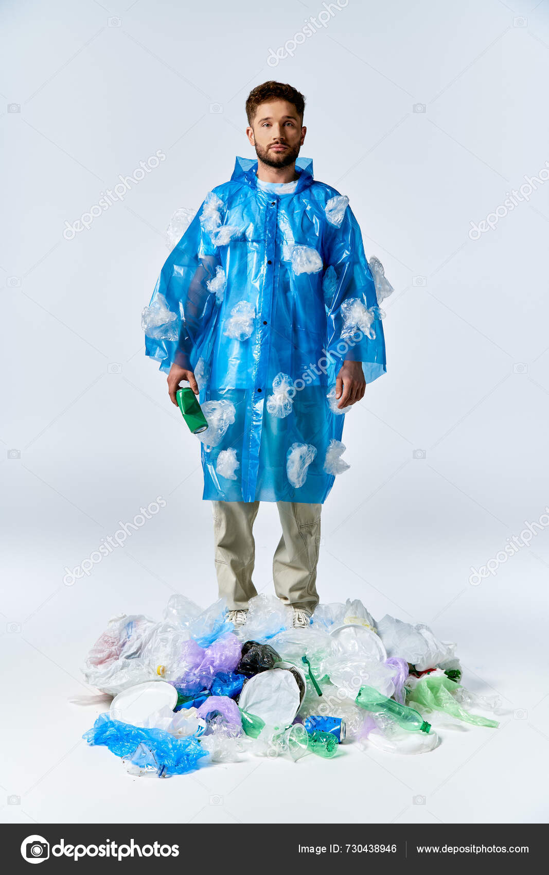 Man Stands Pile Plastic Wearing Plastic Poncho Adorned Plastic Bags ...