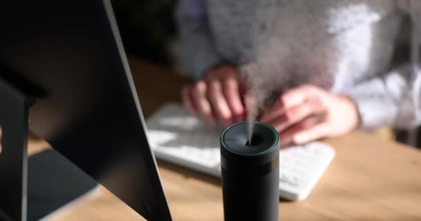 Woman Types Keyboard Computer Wooden Table While Diffuser Spreading ...