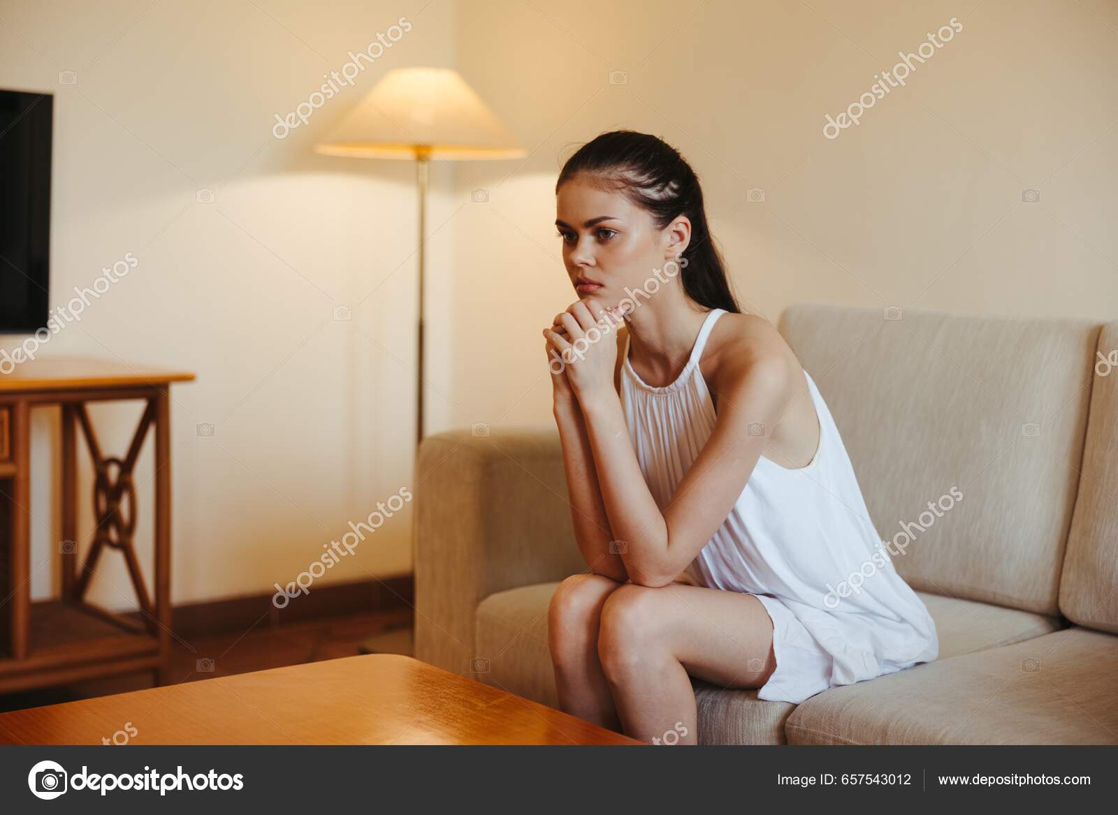 Sad Woman Depressed Sitting Couch Home Anxiety Disorder Alone Help ...