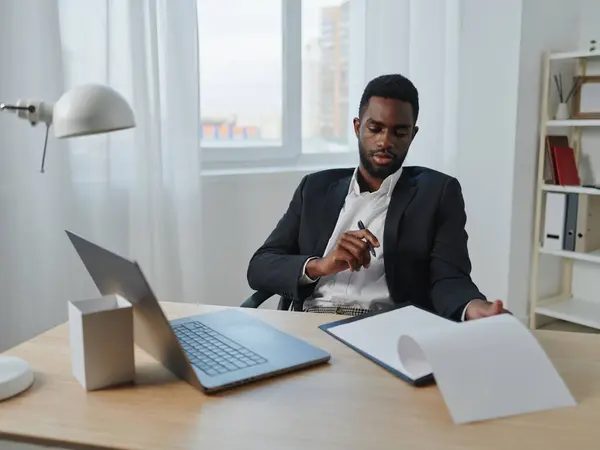 man sitting employee computer distance education african american ...