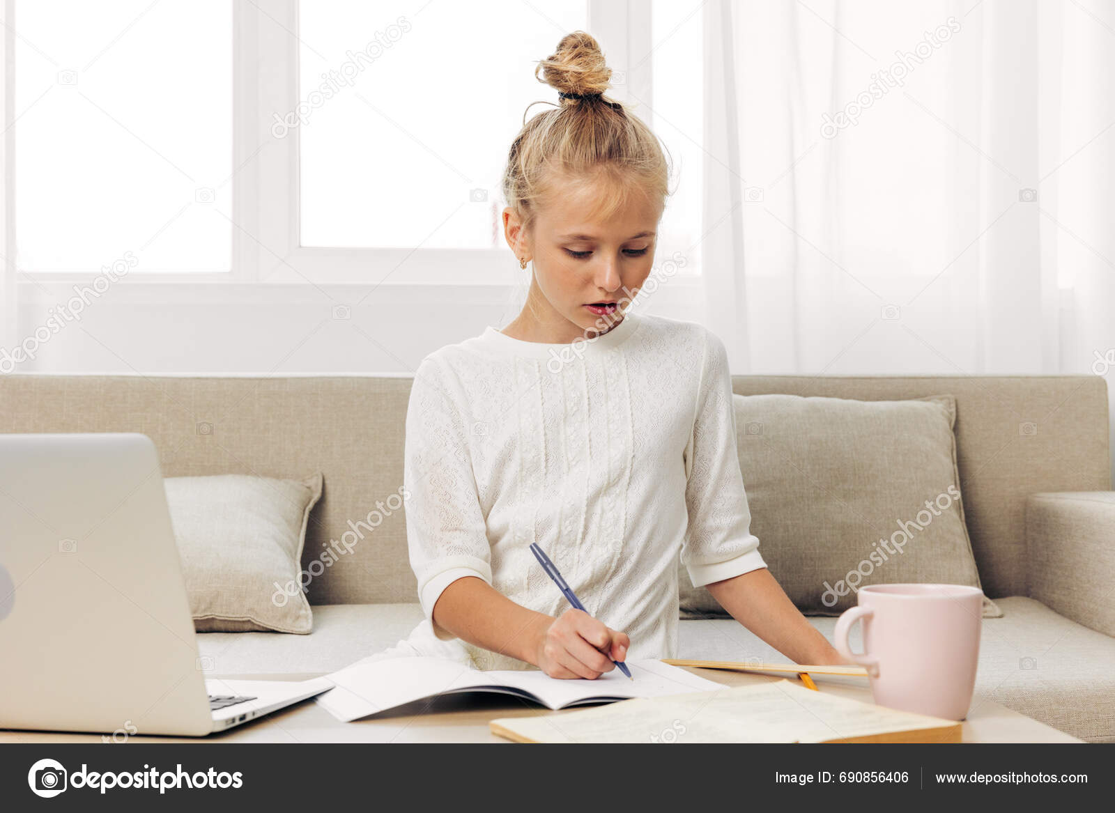 Lifestyle Couch Child Homework Distance Online Smile School Girl ...