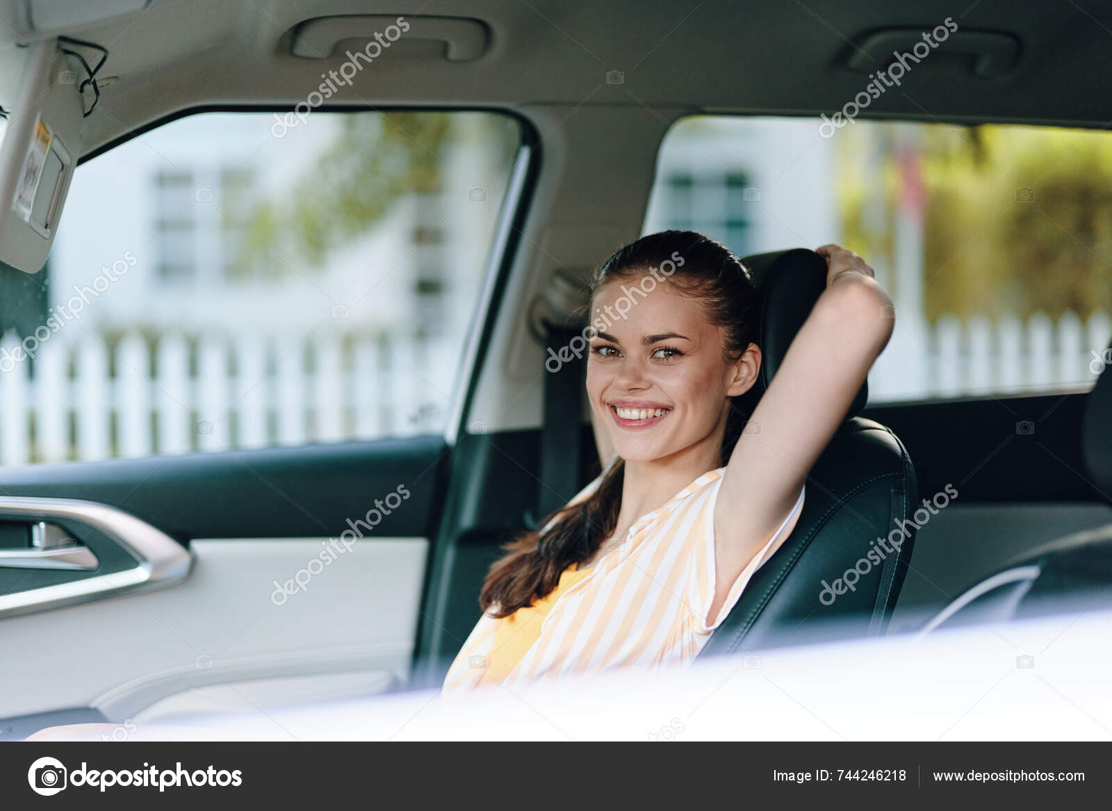 Smiling Woman Sitting Comfortably Driver Seat Car Showing Joy ...