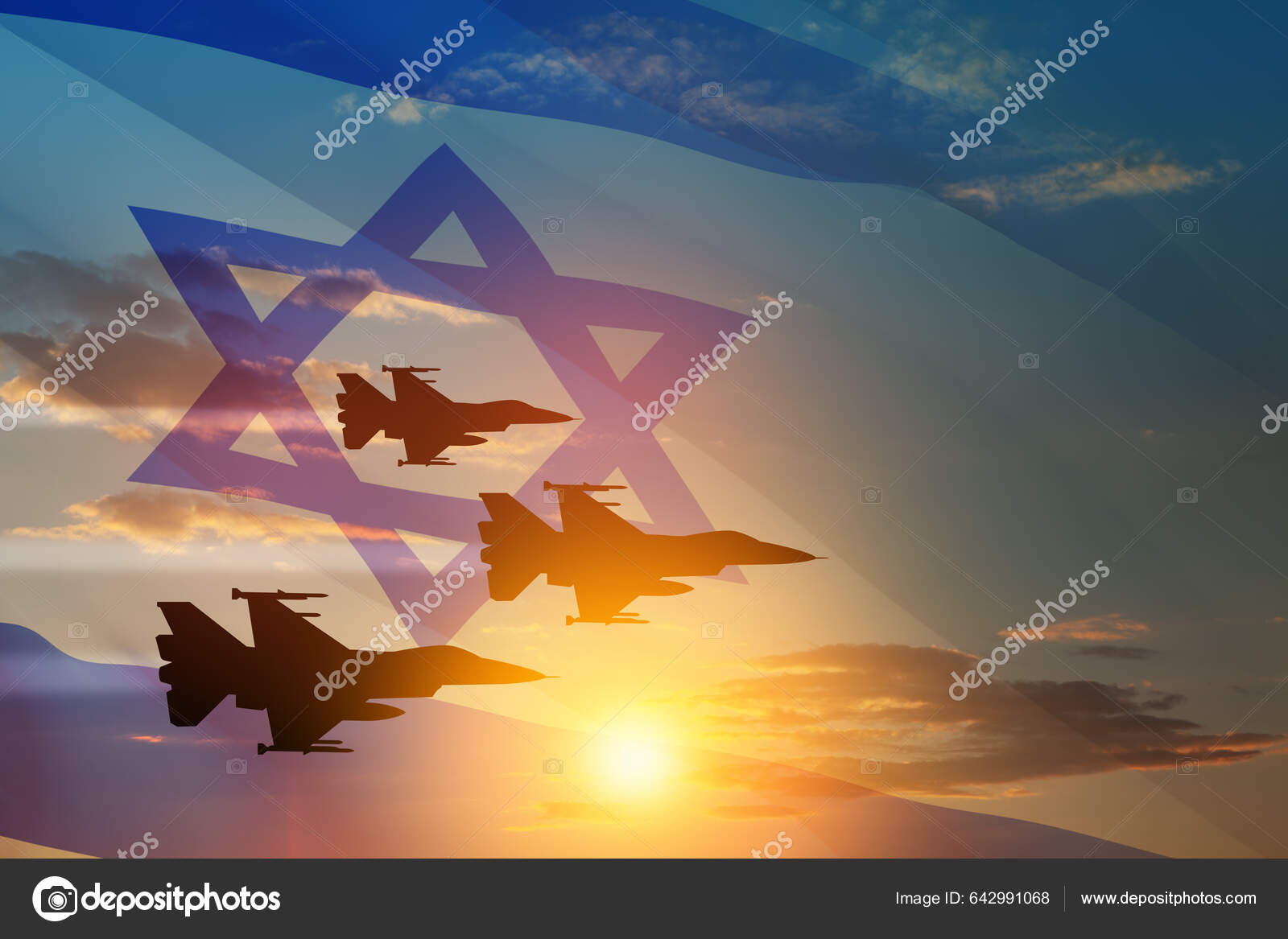 Aircraft Silhouettes Background Sunset Transparent Waving Israel Flag ...