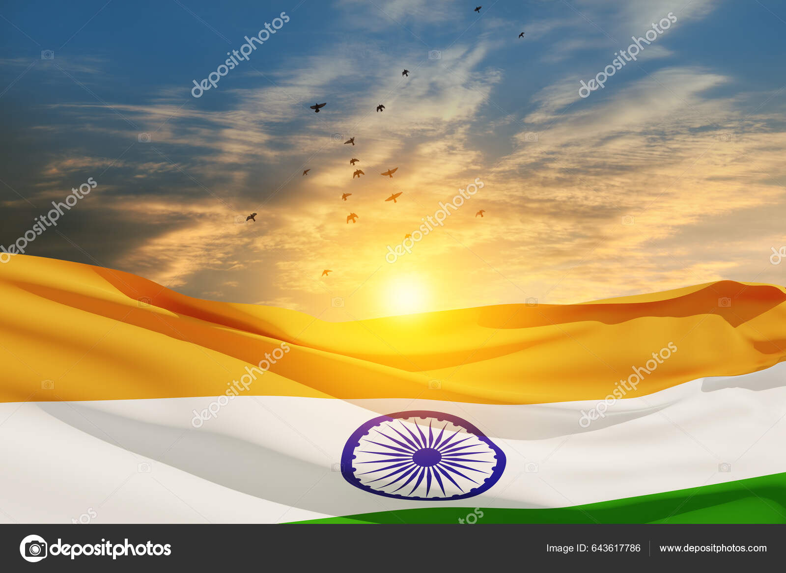 Waving India Flag Sunset Sky Flying Birds Background Place Your — Stock ...