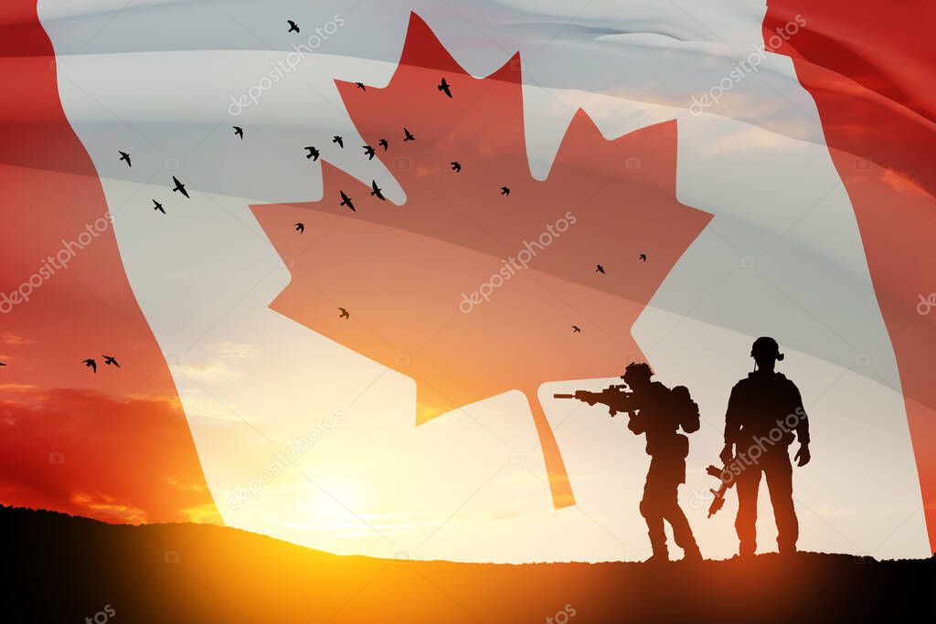 Canada army soldiers on a background of sunset or sunrise and Canada ...