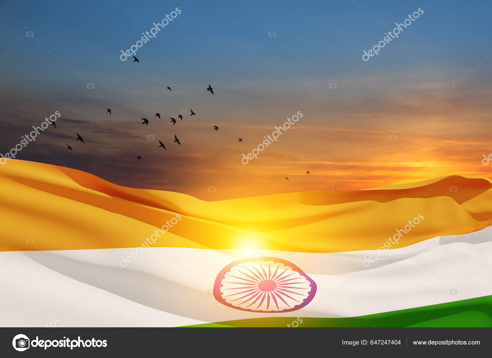 Waving India Flag Sunset Sky Flying Birds Background Place Your — Stock ...