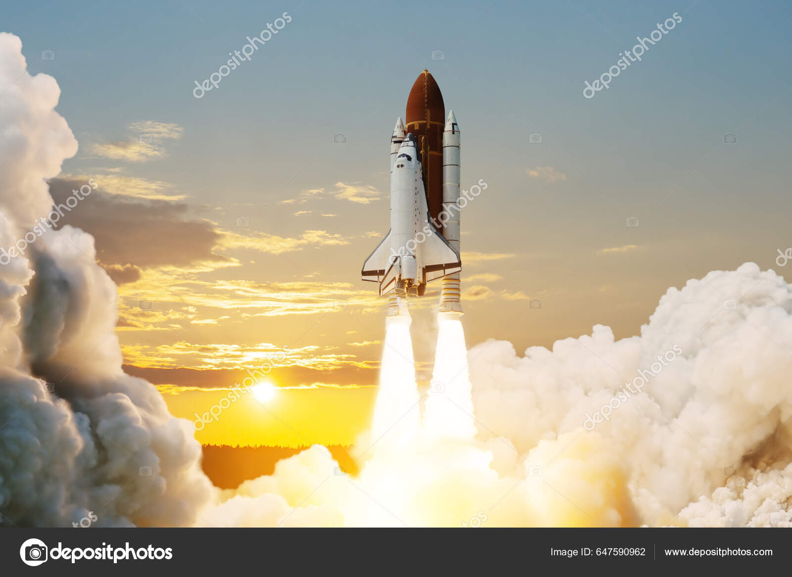 Spaceship Lift Space Shuttle Smoke Blast Takes Space Background Sunset ...