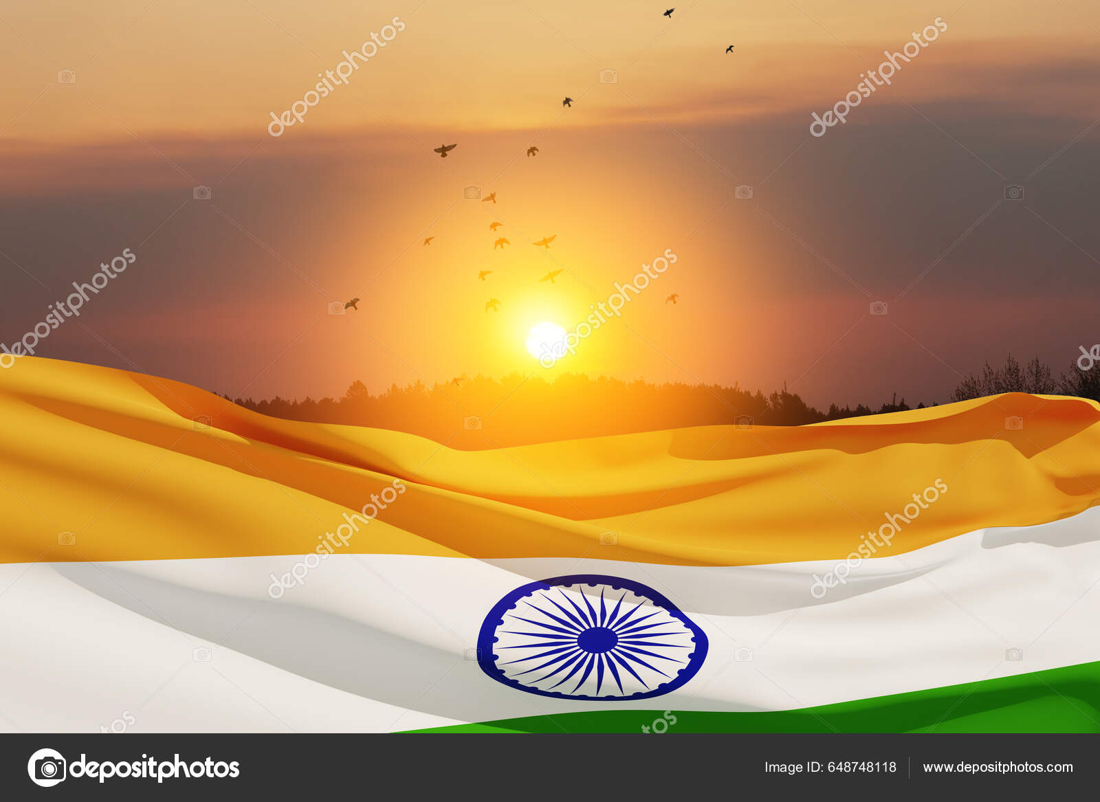 Waving India Flag Sunset Sky Flying Birds Background Place Your — Stock ...