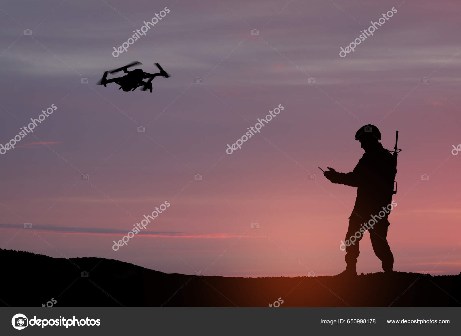 Silhouettes Soldiers Using Drone Laptop Computer Scouting Military ...