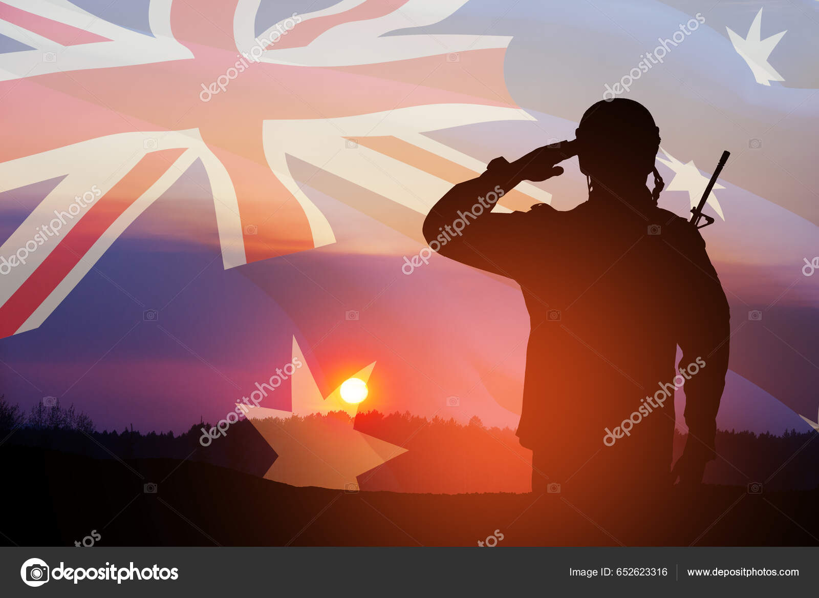 Silhouette Soldier Saluting Background Australia Flag Sunset Sunrise ...