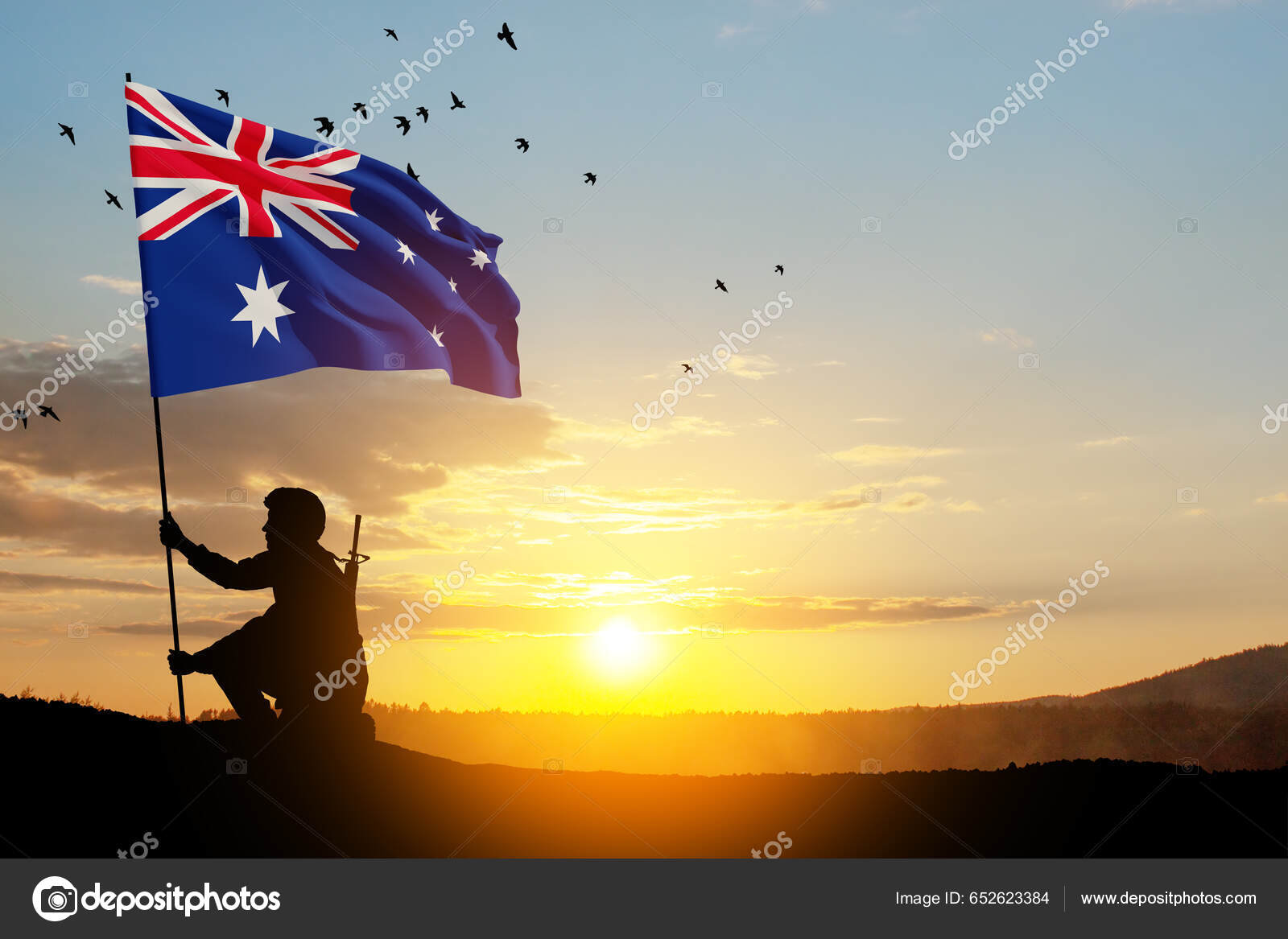 Silhouette Soldier Australia Flag Background Sunset Sunrise Background ...