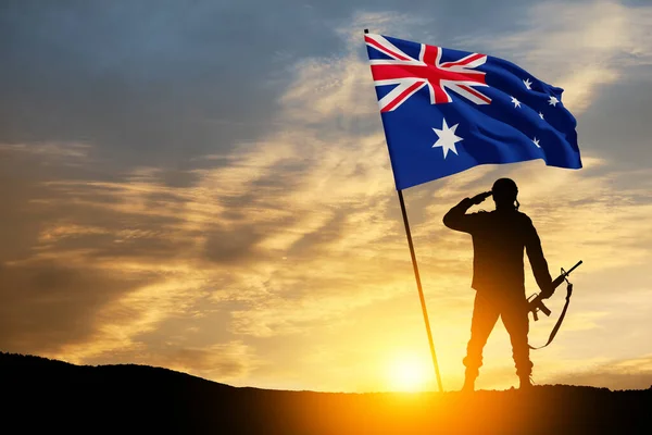 Silhouette Soldier Saluting Background Australia Flag Sunset Sunrise ...