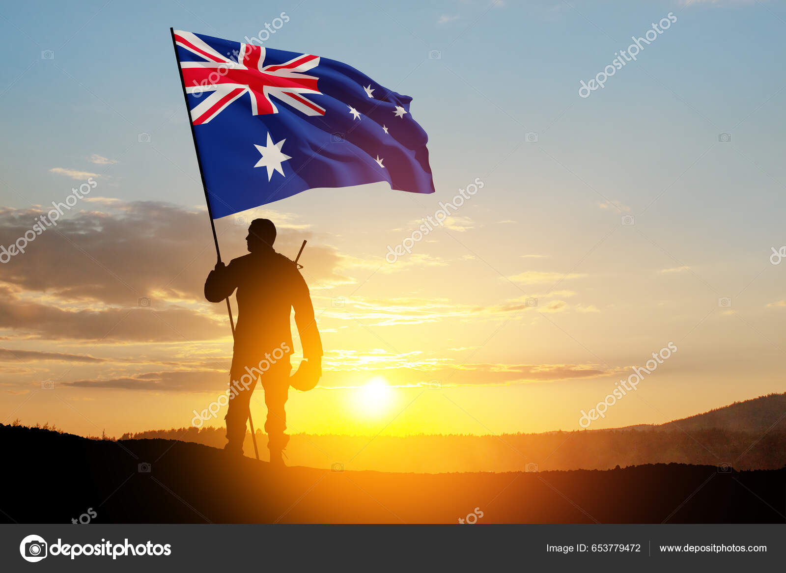 Silhouette Soldier Australia Flag Background Sunset Sunrise Background ...