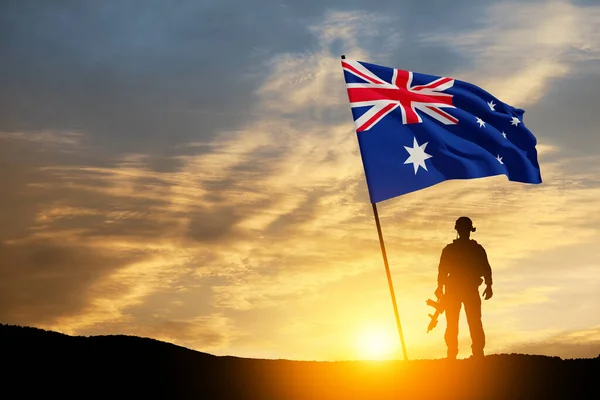 Silhouette Soldier Saluting Background Australia Flag Sunset Sunrise ...