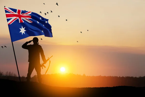 Silhouette Soldier Saluting Background Australia Flag Sunset Sunrise ...