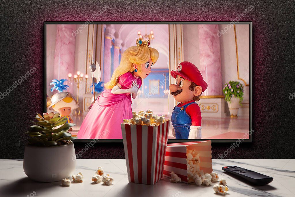 Pantalla de televisión que reproduce el tráiler o película de la ...