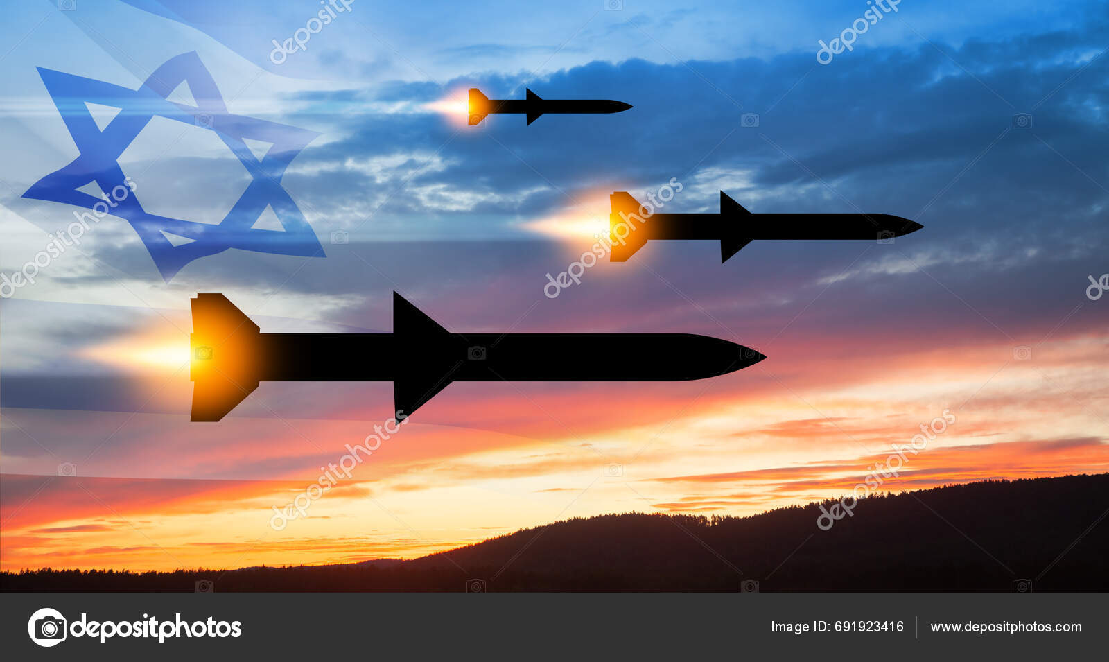 Fired Missiles Fly Target Missiles Sky Sunset Israel Flag Missile ...